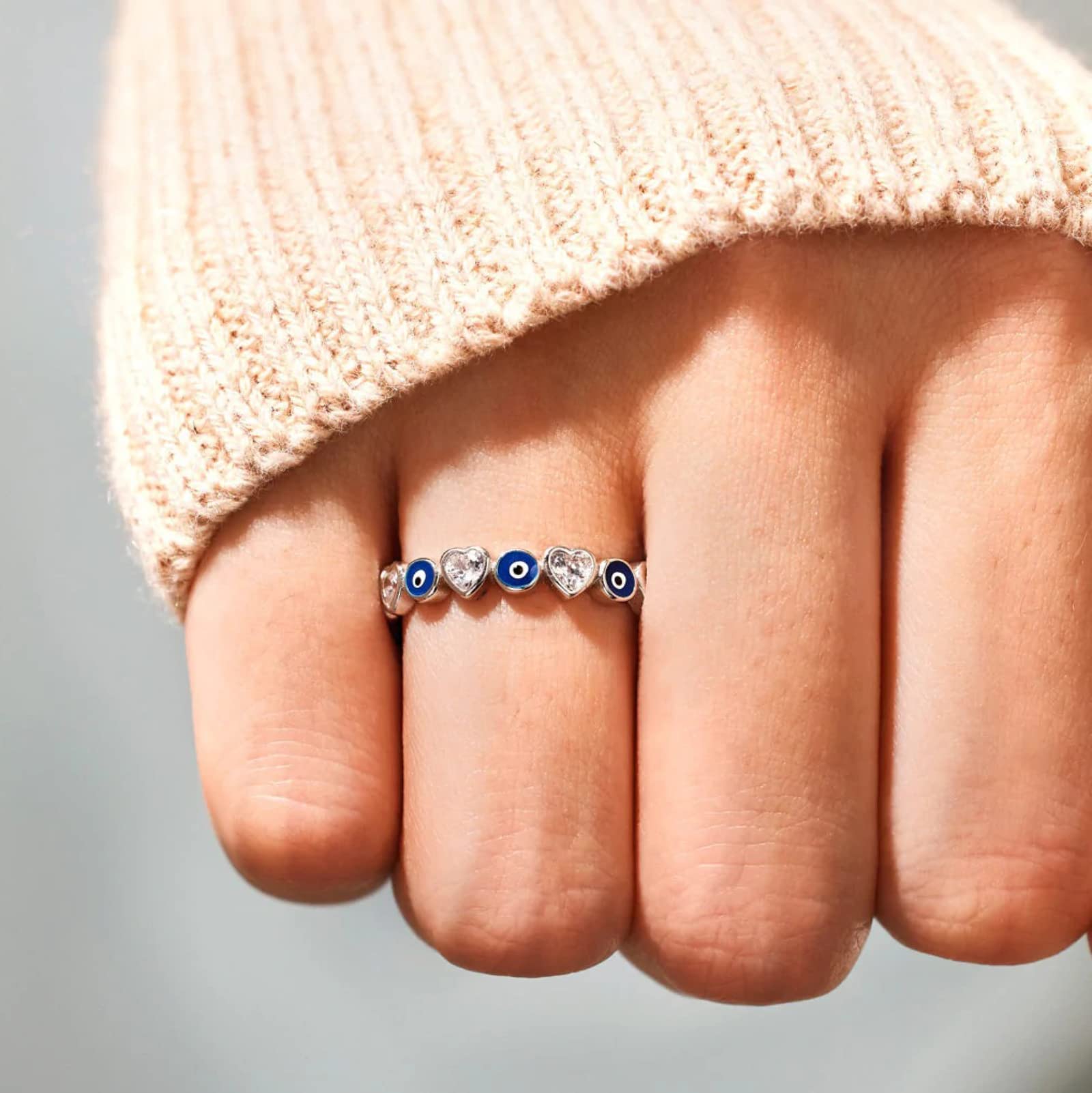 FUNYCHEN Evil Eye Ring for Women Sterling Silver Turkish Evil Eye Ring Bands Dainty Evil Eye Rings Lucky Jewelry Heart Ring Valentine's Day Gift CZs Statement Ring US Size 5-10 (Silver, 6)