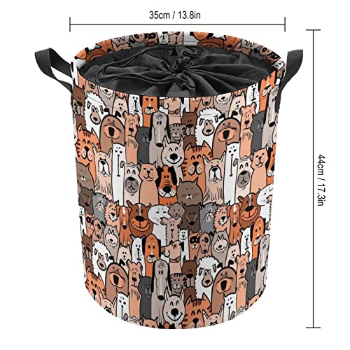 Many Dogs and Cats Laundry Basket Round Collapsible Storage Bin with Drawstring and Handle for Bedroom Bathroom Toys Room 17.3" X 13.8"