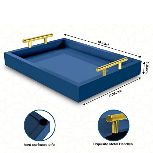 JollyCaper - Coffee Table Tray - with Metal Handles for Serving, Home Decor, Bathroom, Ottoman Design, Wooden Tray 16x12in (Navy Blue)