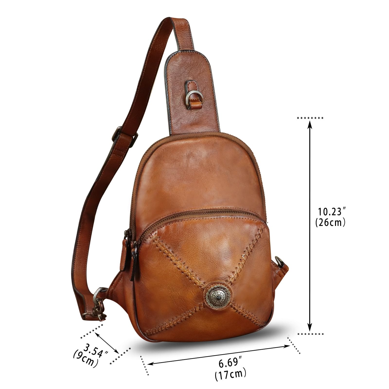 Genuine Leather Sling Bag for Women Sling Backpack Retro Chest Shoulder Vintage Handmade Hiking Crossbody Purse (Black)