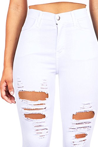 Vibrant Women’s Denim Skinny Jeans – Stretch High Waisted Raw Edges Heavy Distressed Ripped Casual Slim Fit Pants VP1213 White 9