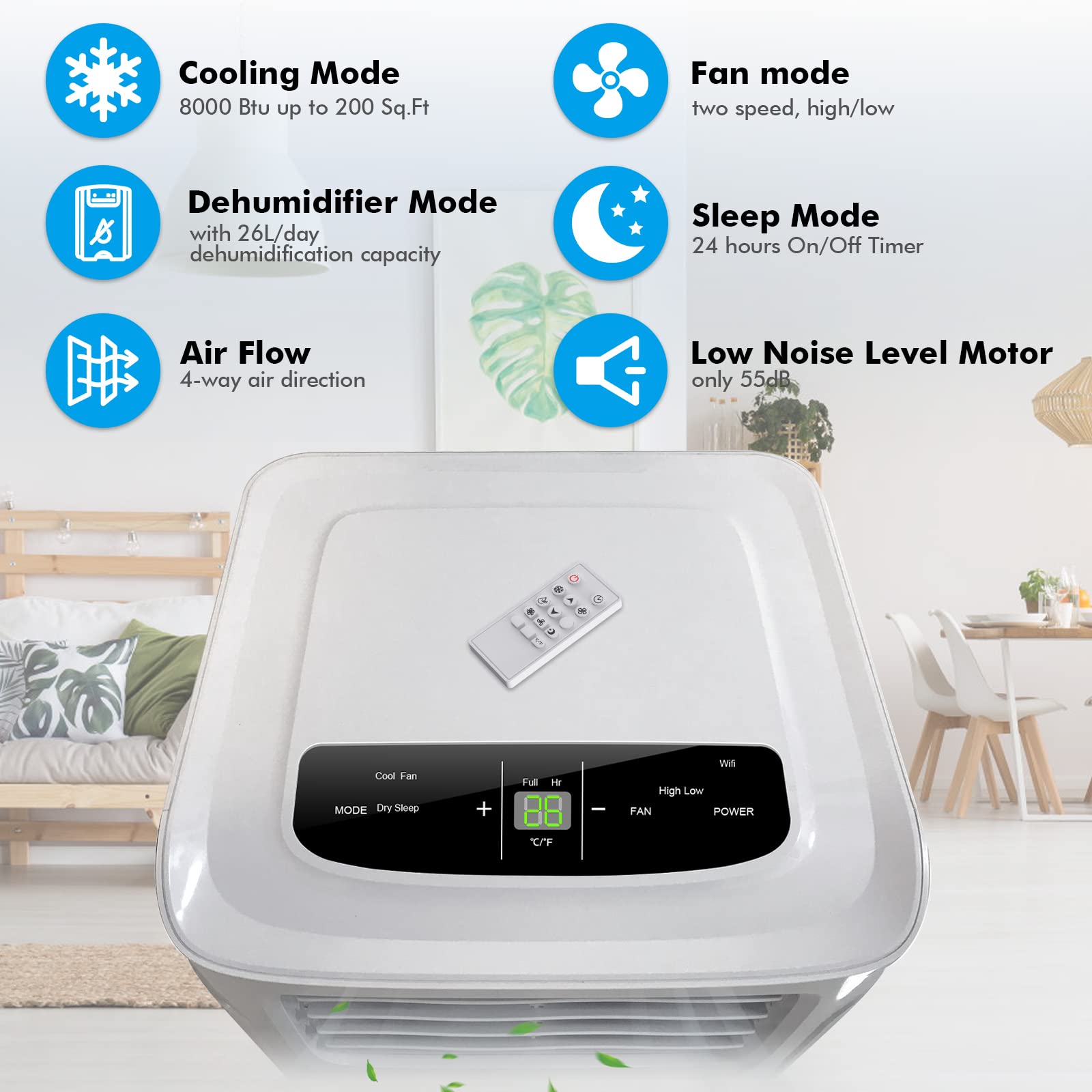 GLOBAL AIR 8,000 BTU Portable Air Conditioner, Powerful Home AC Unit with Built-in Dehumidifier & Fan Mode, Quiet Operation, Includes Remote Control & Window Mount Kit, for Rooms up to 200 Sq.Ft