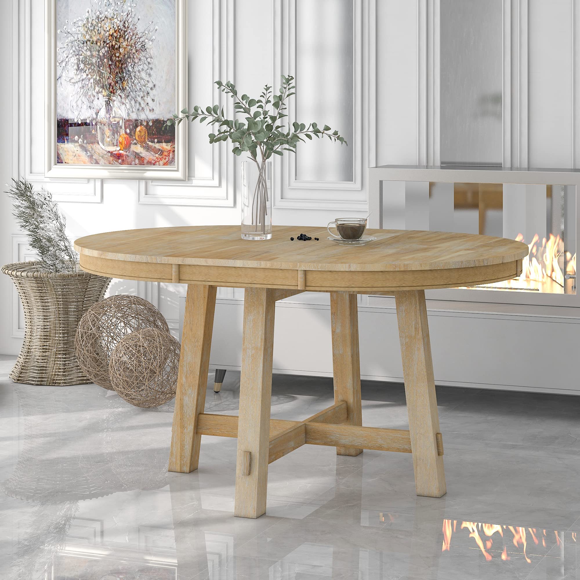 FIQHOME, Farmhouse Round Extendable 16" Leaf Table for Dining Room, Kitchen (Natural Wood Wash)