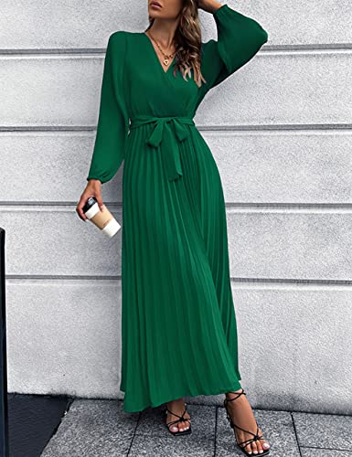 Women's Elegant Wrap V Neck Lantern Sleeve Belted Pleated Flowy Maxi Long Dress Wedding Guest Dress