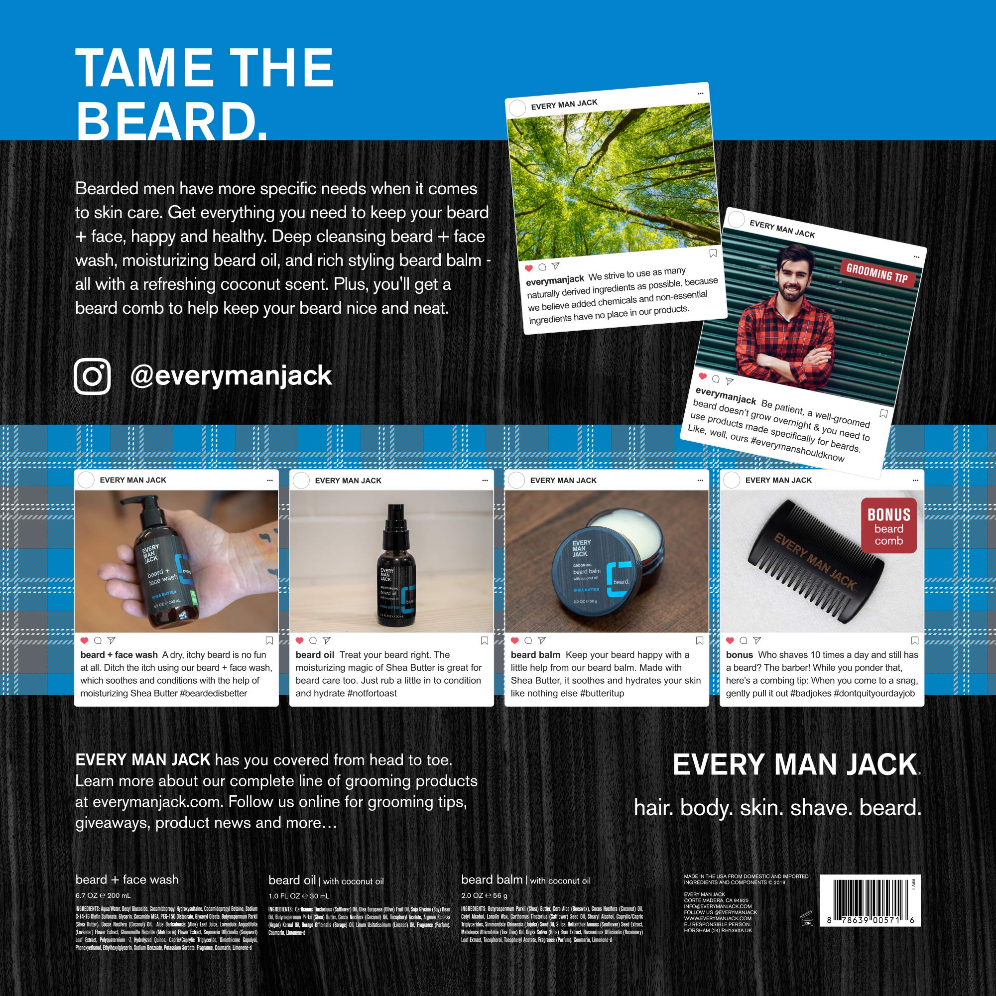 Every Man Jack Mens Shea Butter Beard Kit - Perfect for Every Guy - Includes Four Full-Sized Grooming Essentials - Beard + Face Wash, Beard Oil, Beard Balm + Beard Comb