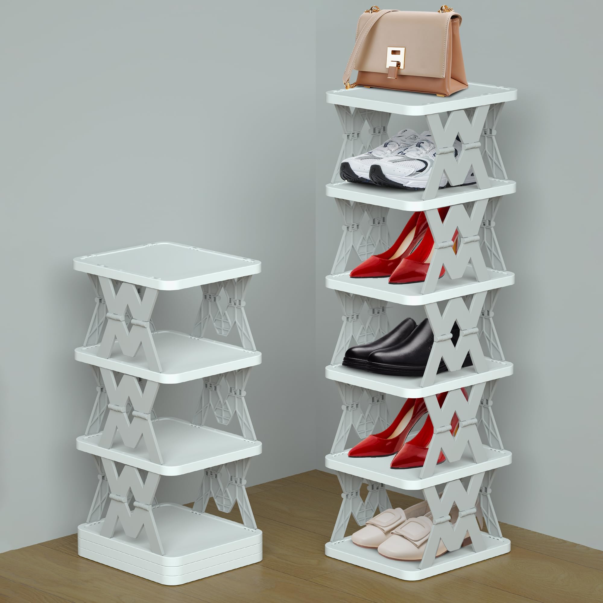 PHUNIGEEFT Shoe Rack, 6 Tier Shoe Shelf Without Assembly, Narrow Small Shoe Storage Space Saving, Shoe Organizer for Closet, Front Door Entrance, Entryway, Bedroom, White