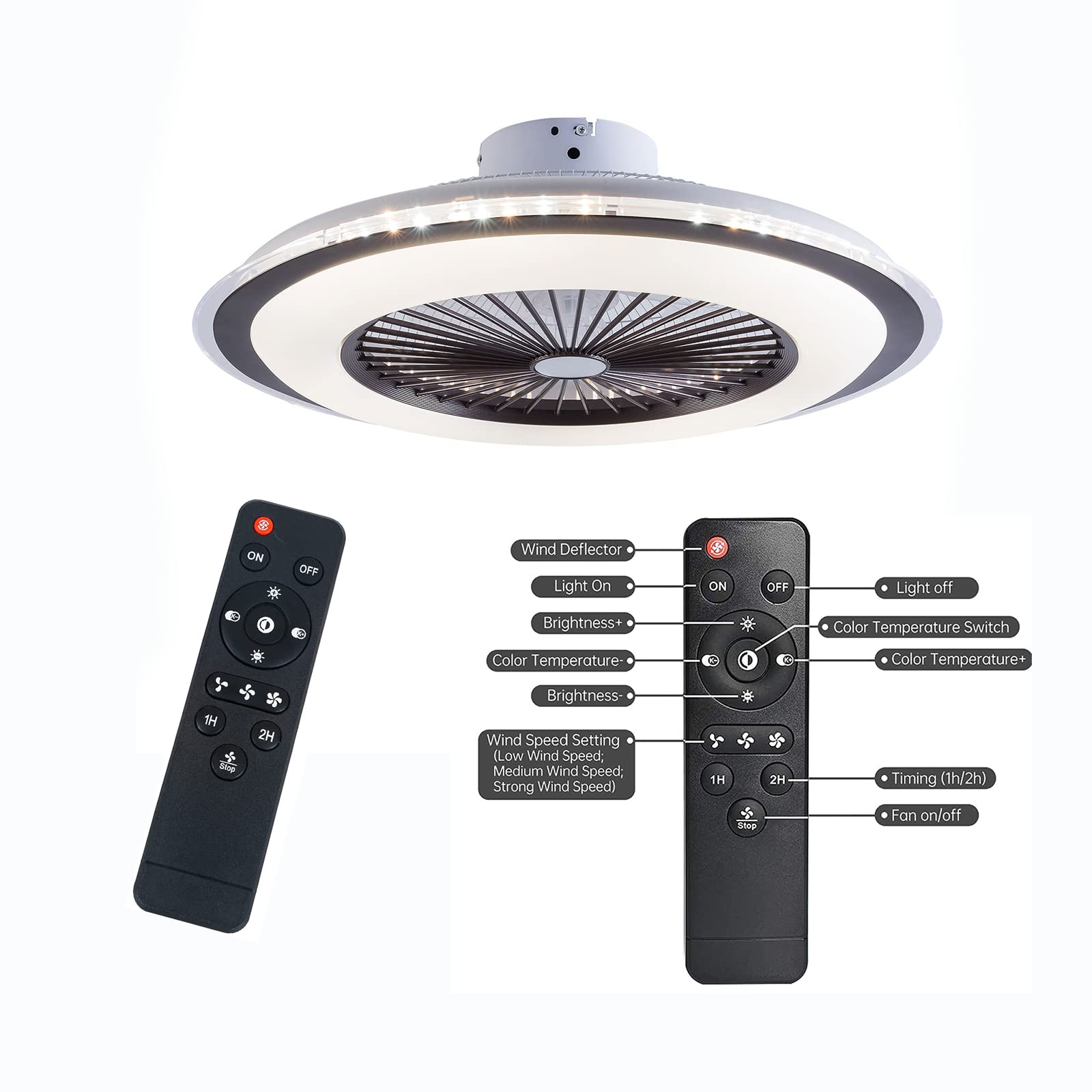Gdrasuya10 Flush Mount Ceiling Fan with Lights Remote Control 23inch Bladeless Ceiling Fandelier Lighting SMD LED Invisible Low Profile Ceiling Fans Dimmable 3 Color 3 Speed Time Setting (Brown)