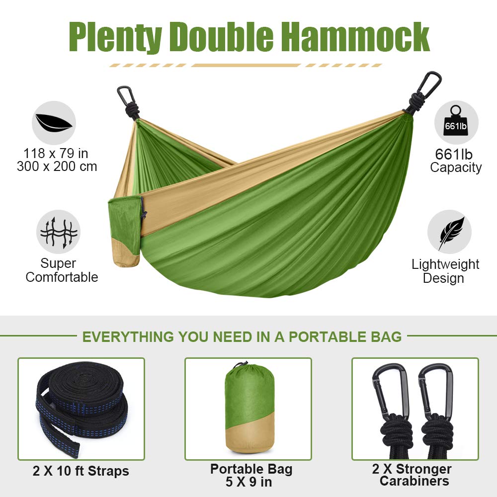Hinastar Camping Hammock for Outside, Double&Single Portable Hammock with 2 Tree Straps, Parachute Lightweight Nylon Hammocks for Outdoor, Backpacking, Travel, Camping, Hiking(Green & Khaki)