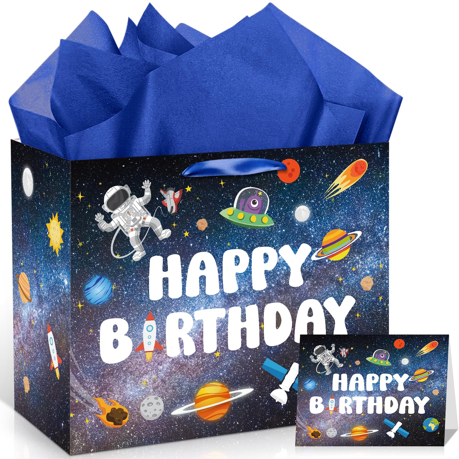 Outer Space Birthday Gift Bag for Kids, Blue Gift Bag with Card Tissue Paper Rocket Planet Gift Bag Birthday Wrapping Paper Bags Outer Space Party Gift Bag Decorations for Boys Girls Birthday Party