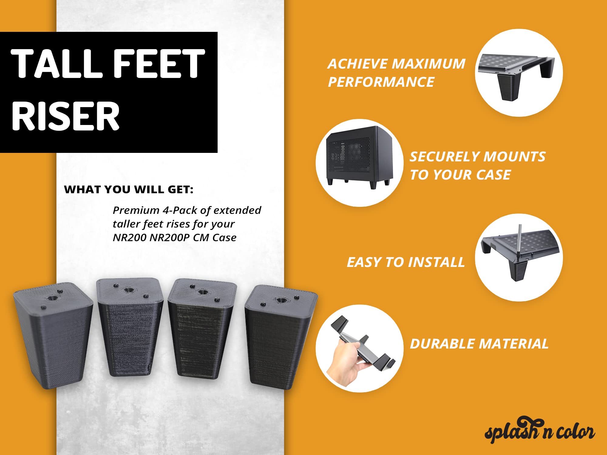 SplashNColor NR200 NR200P Taller Feet Extended Height Compatible with Cooler Master NR200 NR200P Q300L Mini-ITX Pc Cases, Q300L NR200 Case Feet, Cooling Risers Attachment 4-Pack, Black