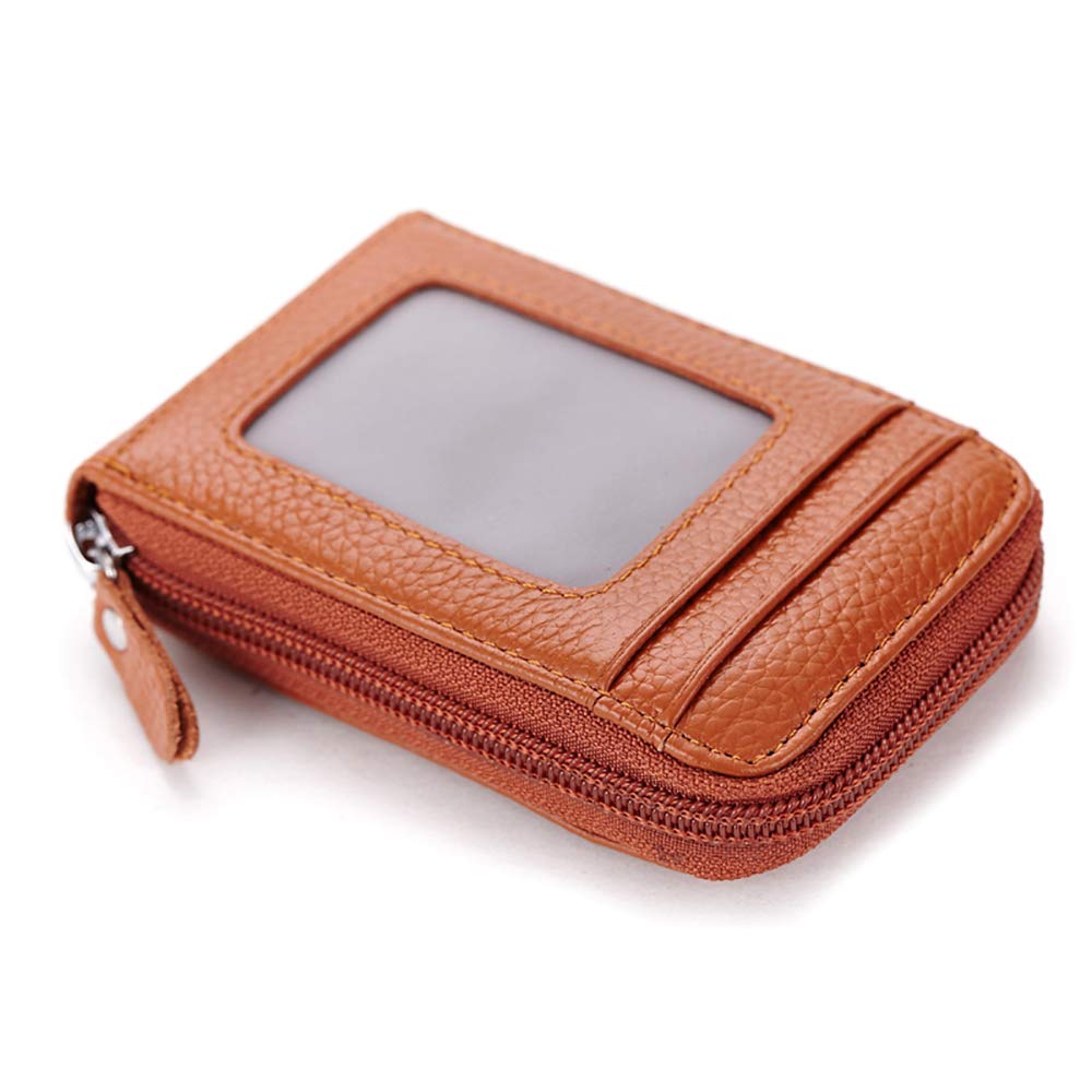 Genuine Leather Holder Zipper Credit Card Wallet RFID Organ Card Holder Purse Coin Wallet with ID Card Window (Khaki)