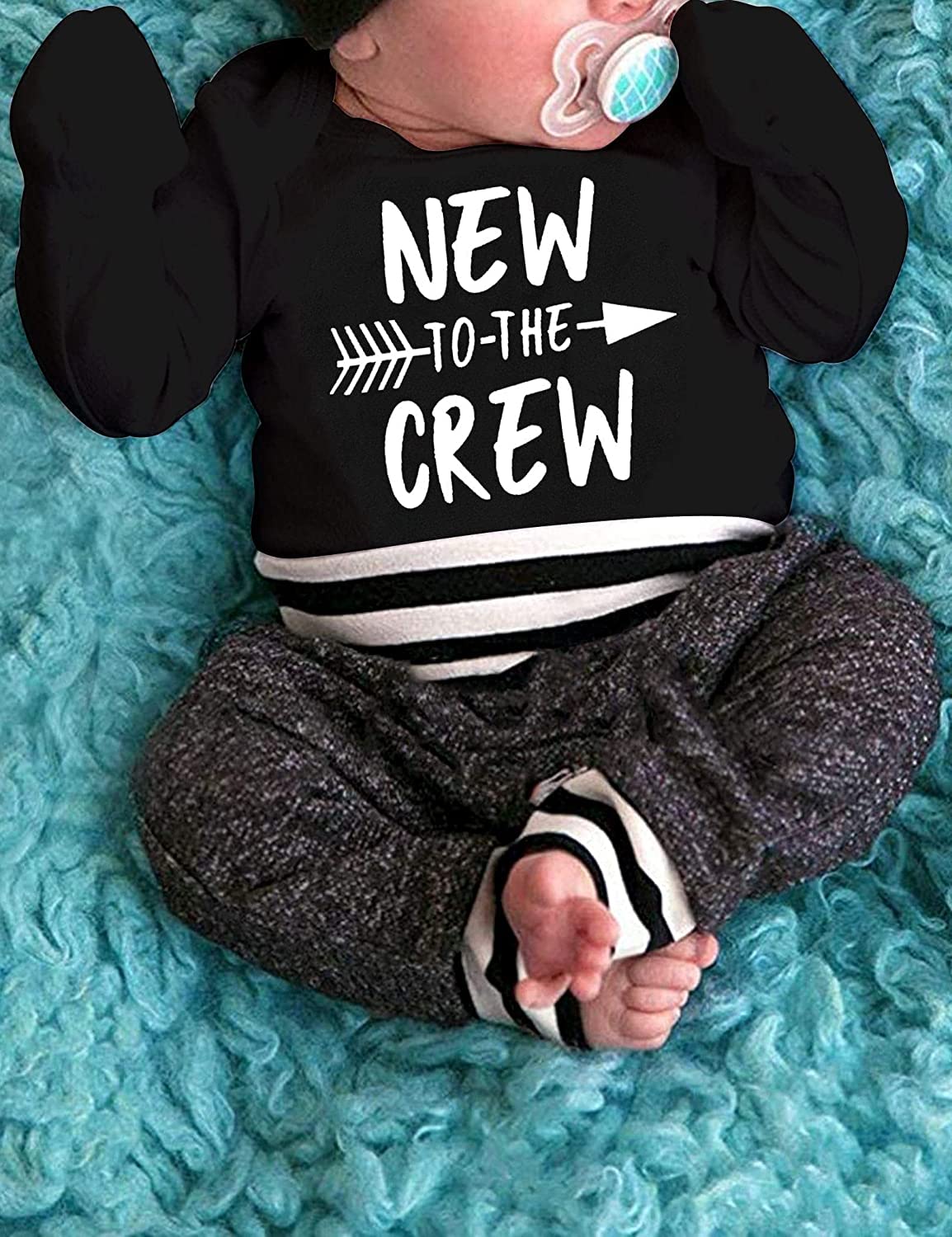 Kulcerry Infant Baby Boy Clothes New to The Crew Letter Print Long Sleeve Romper + Pants + Hat 3PCS Outfits Set(Black, 0-3 Months