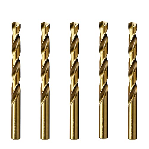 MAXTOOL 1/4" 5pcs Identical Jobber Length Drills HSS M42 Twist Drill Bits 8% Cobalt Fully Ground Golden Straight Shank Drills; JBF42G10R16P5