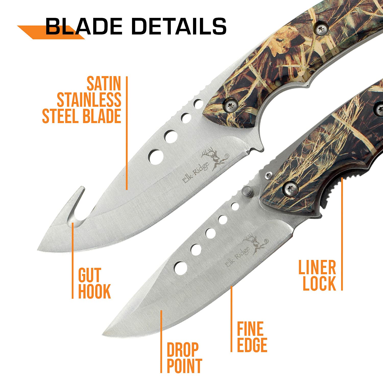 Elk Ridge - Outdoors Hunting Knife Set- 2 PC Fixed Blade and Folding Knife Set, Satin Finished Stainless Steel Blades, Camo Coated Handles, Includes Combo Nylon Sheath - Hunting, Camping, Survival - ER-054CA