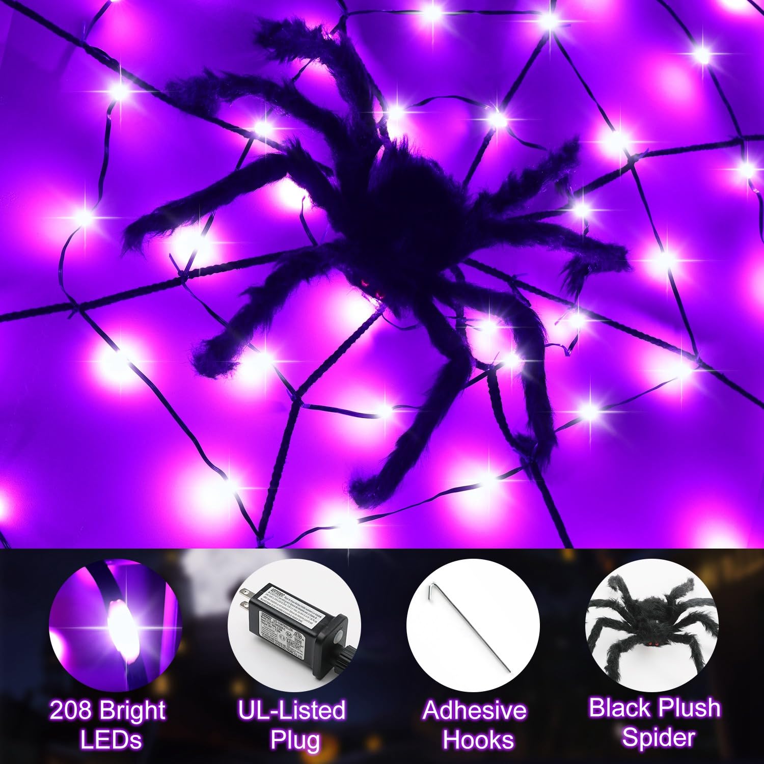 Halloween Decorations Outdoor 6.6ft Large Round Spider Web with 210 LED and Scary Black Spider,Super Bright 8 Modes Halloween Lights for Home Window Wall Garden Yard Party Decor