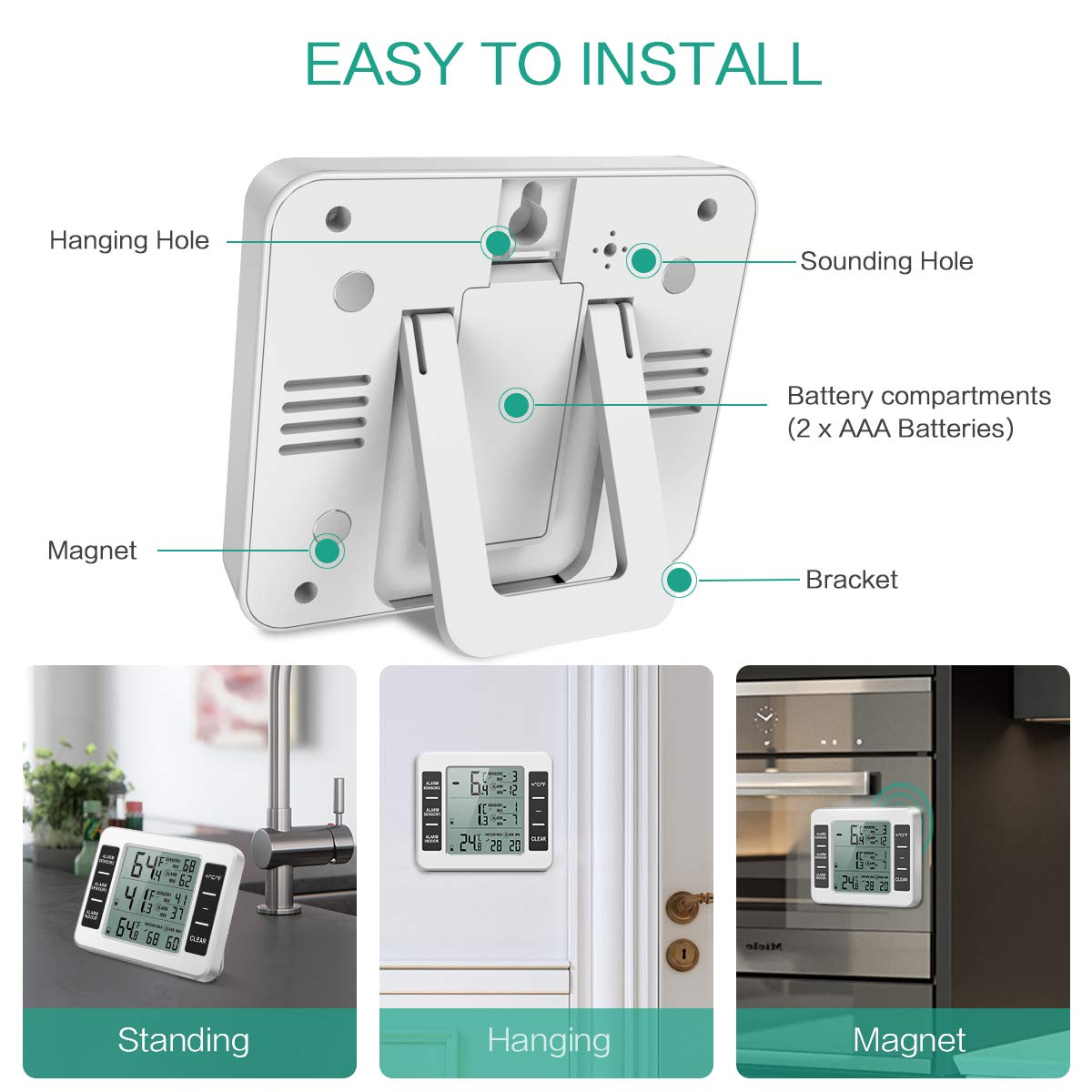 JXTZ Refrigerator Thermometer, Freezer Thermometer with Alarm, Fridge Thermometer Digital with 2 Sensors, Wireless Indoor Outdoor Thermometer with Temperature Alarm, Min/Max, Temperature Trend Display