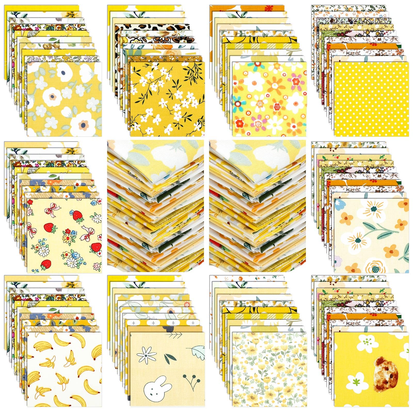 Ganeen 500 Pcs Cotton Fabric Squares 5 "x 5" Quilt Precut Fabric Printed Fabric Bundles Sheets Charm Packs for Quilting for DIY Sewing Scrapbooking Patchworks Crafts (Yellow Floral)