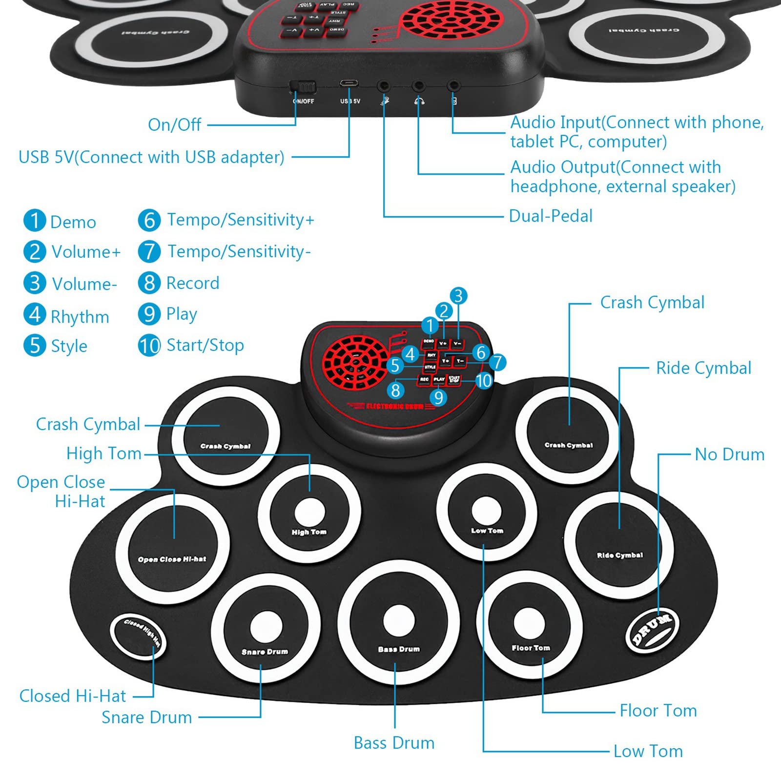 KOCASO Electric Drum Pad Foldable 10-Drum Silicon Drum Kit Dual-Pedal Foldable Electronic Drum Set Machine with Drum 2 Sticks Headphone Jack Speaker for Kids, Beginners