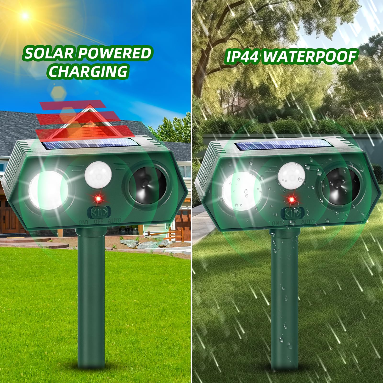 Paddsun 2 Pack Ultrasonic Cat Deterrent Outdoor, Solar Powered Cat Deterrents for Garden with Motion Sensor and Flashing Lights, Cat Deterrent for Yard Lawn, Green