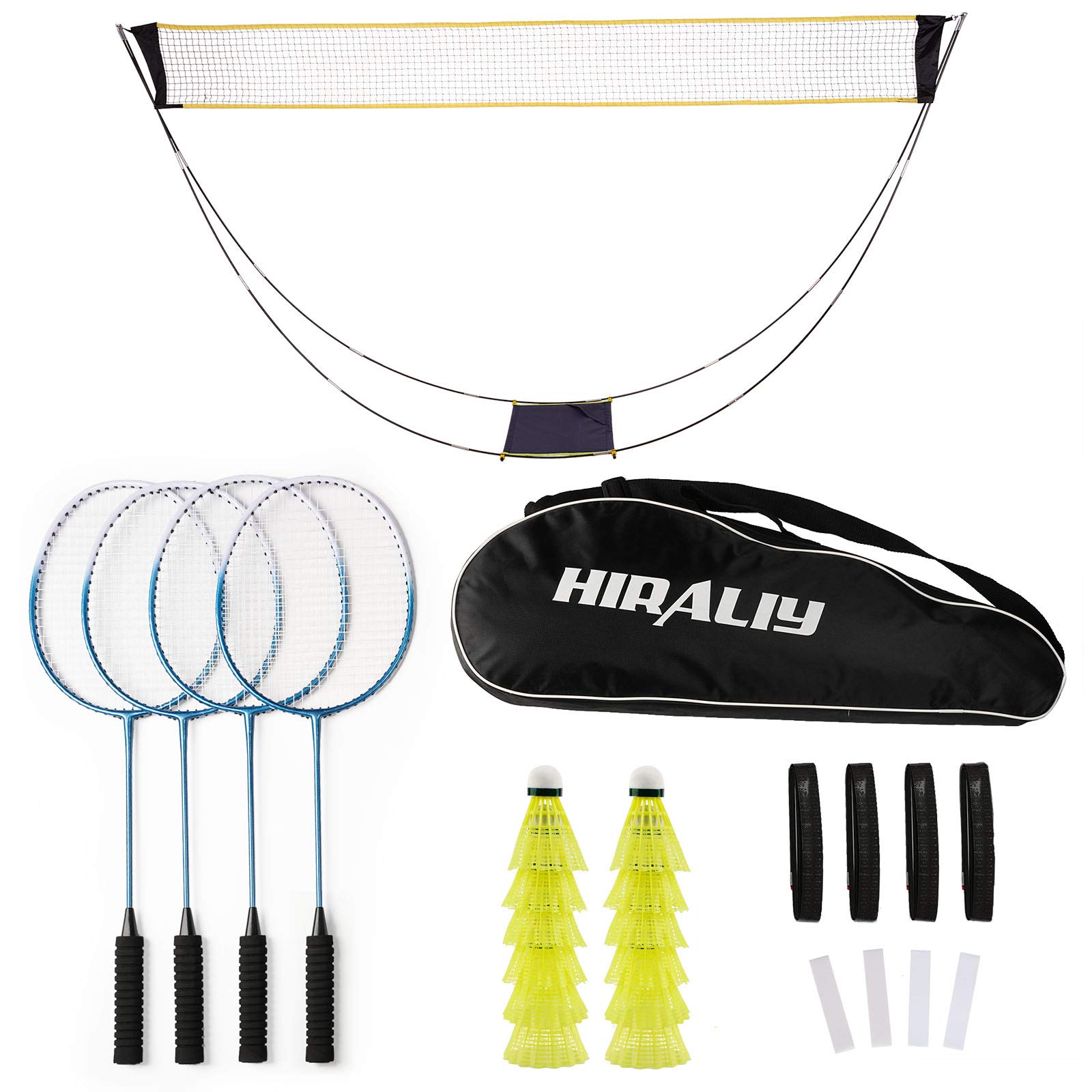 HIRALIY Complete Badminton Set, Badminton Rackets Set of 4 for Outdoor Backyard Games, Includes 1 Portable Badminton Net, 4 Rackets, 12 Plastic Shuttlecocks, 4 Replacement Grip Tapes and 1 Carry Bag