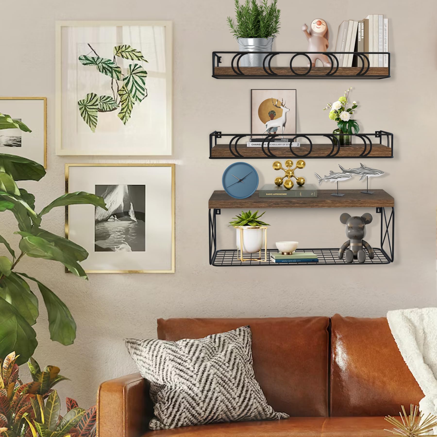 Floating Wall Shelves Set of 3, Rustic Solid Wood Bathroom Shelves for Wall DéCor, Wall Mounted Wooden Shelves Bathroom Wall Organizer Over Toilet Storage, Kitche-Black