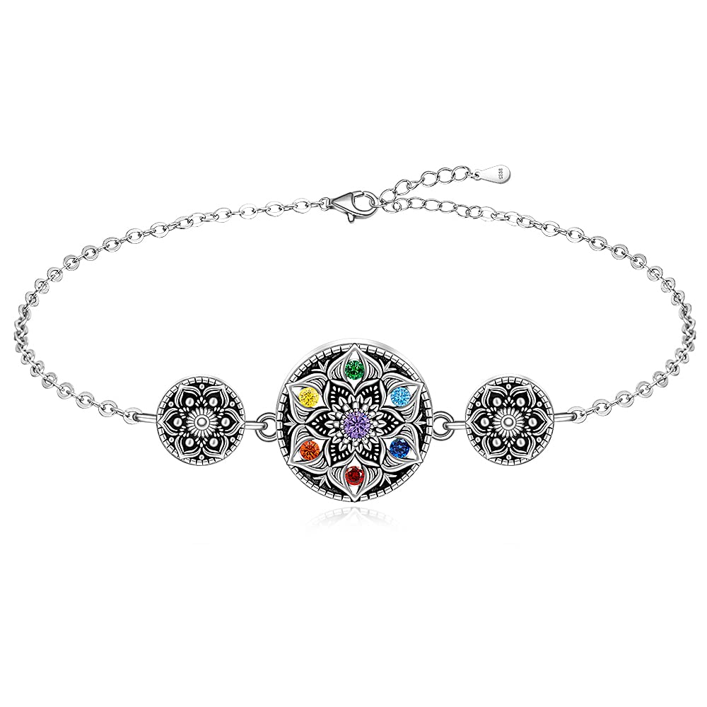 Fenthring Chakra Bracelets for Women Yoga Lotus Mandala 7 Chakra Bracelet Sterling Silver Protection Anxiety Balance Lotus Flower Meditation Gifts