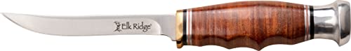 Elk Ridge - Outdoors OUTSKIRT Fixed Blade Knife - 7.0-in Overall, Satin Finish Stainless Steel Skinner Blade, Stacked Leather Handle, Includes Leather Sheath, Hunting, Camping, EDC - ER-200-31LBR