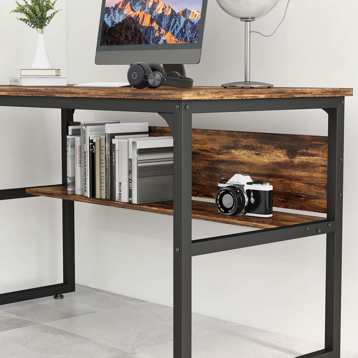 Hanamichi Computer Desk, 55" Computer Table with Bookshelf, Large Space, MDF Durable Board, Environmental Paint, Stable Design for Home Office (Vintage Brown)