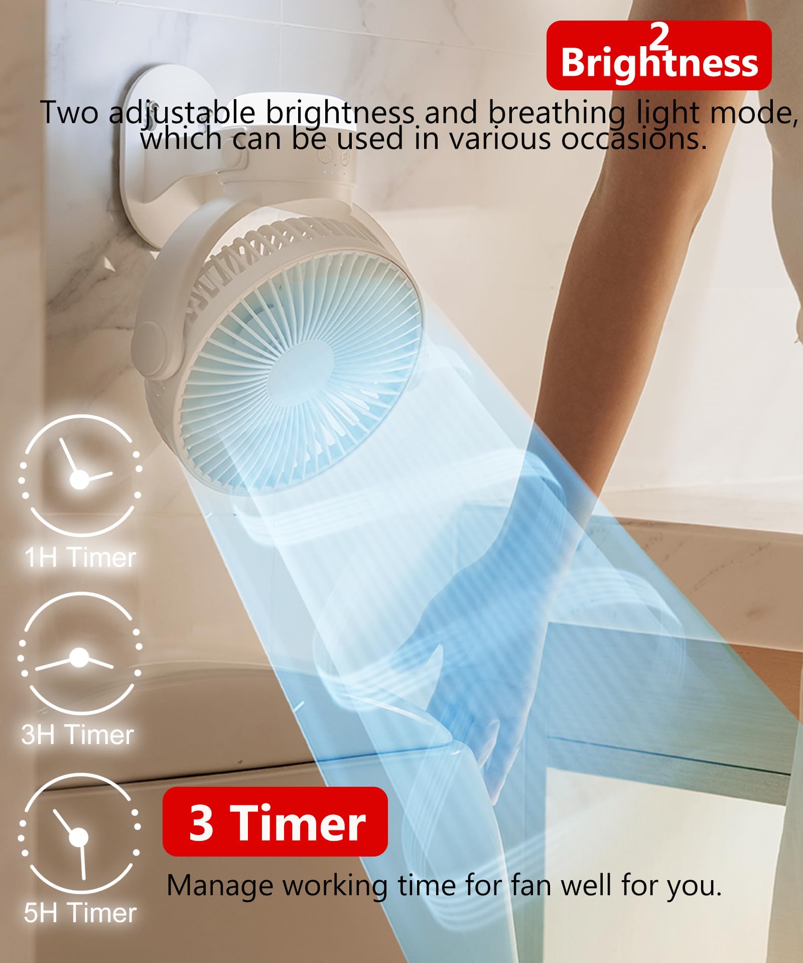 HonHey Portable Wall Mount Fan, 4000 mAh Oscillating Battery Operated Fan with Remote and LED Light, 3 Speeds, 4-10 Working Hours Timer Function, 7 Inch Outdoor Ceiling Fan for Garage Bedroom Gym RV
