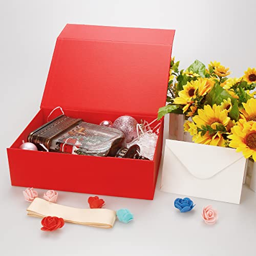 MONDEPAC Gift Box 11x7.5x3.5 Inches,Red Gift Boxes with Magnetic Lid,Christmas Gift Box Contains Card, Ribbon, Shredded Paper Filler Gift Box for Gift Packaging,Christmas Birthdays Gift Packaging