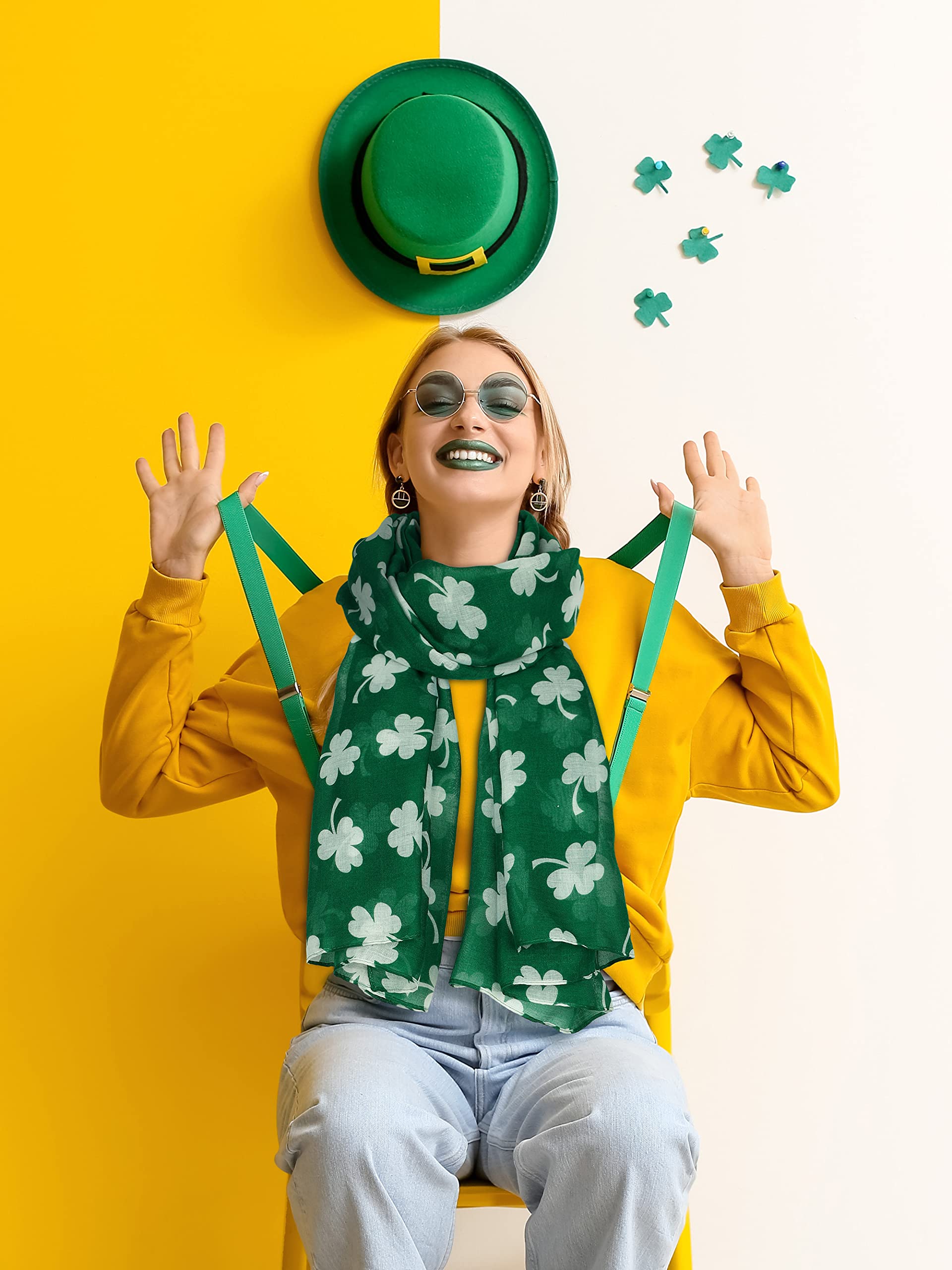 KUTTOR 2 Pack Women's St Patrick's Day Long Shamrock Scarf Irish Clover Silky Stripe Irish Theme Print Wrap Shawls for Women