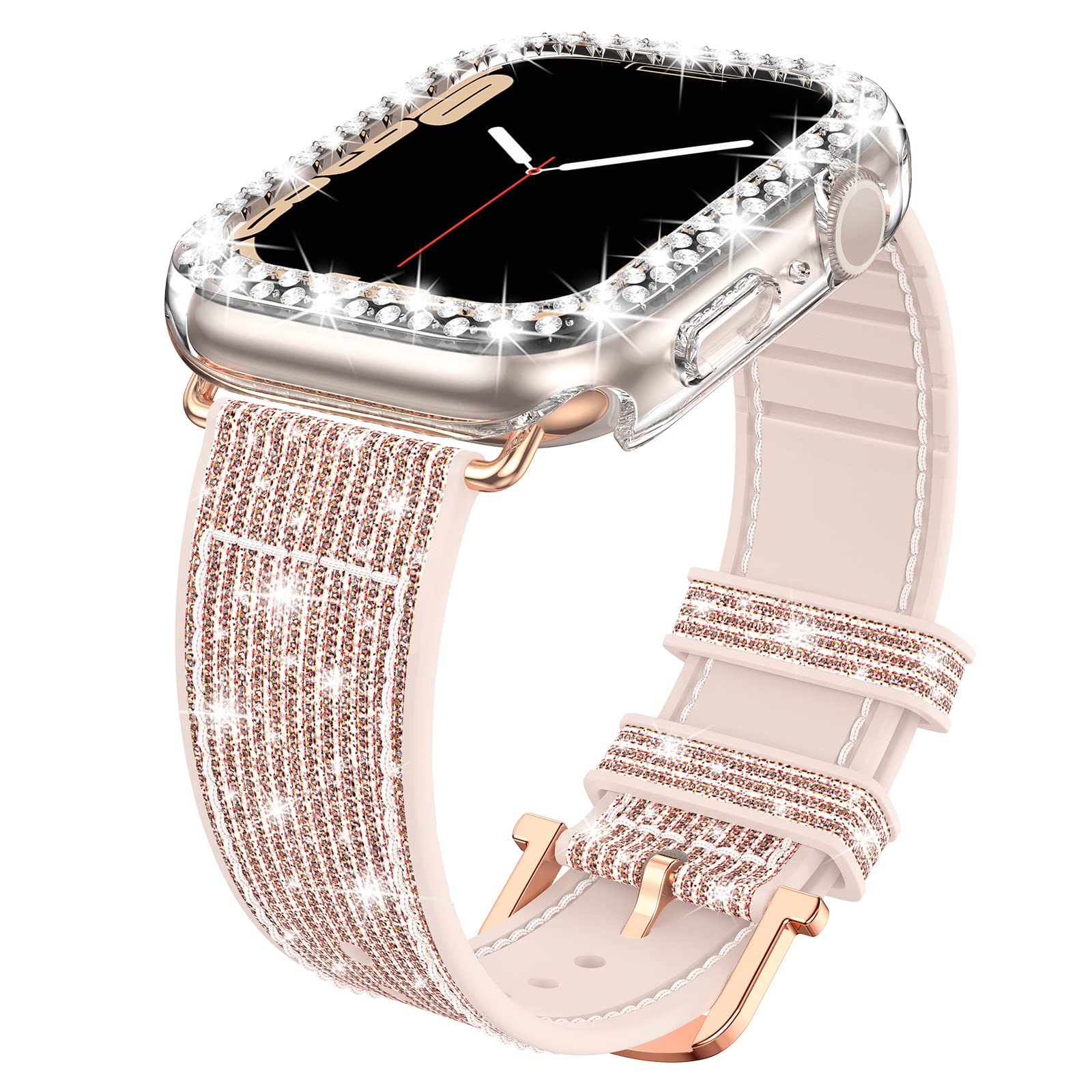 Goton Bling Silicone Band Case for Apple Watch 45mm 44mm 41mm 40mm 38mm with Edge Protector Cover[No Glass], Strap Color Changes with Angle for iWatch SE Series 9 8 7 6 5 4 3 2 1 Accessories
