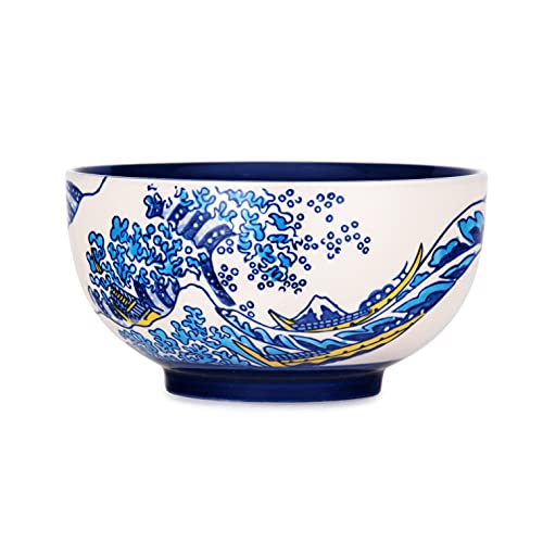 Hinomaru Collection Japanese Kamameshi Style Rice Noodle Bowl with Bamboo Lid Trivet Chopsticks and Porcelain Spoon Bowl Set (Hokusai Wave)