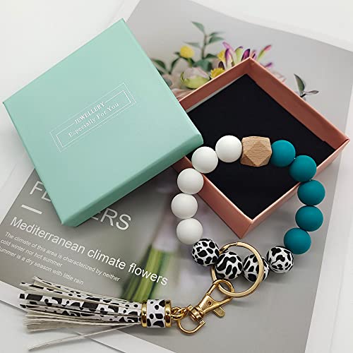 FIVWIN Silicone Keychain Bracelet for Women Beaded Keyring Wristlet House Car Keys Ring Holder with Gift Box