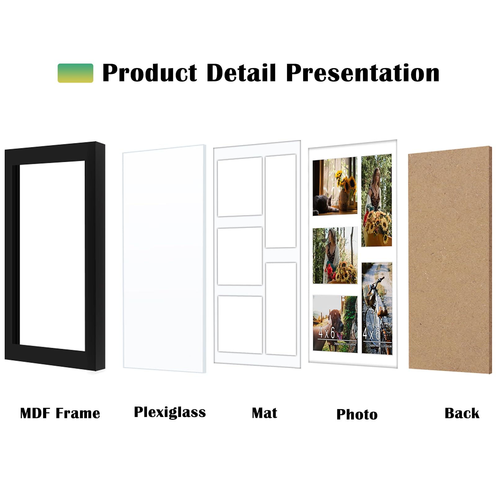 DUENPY 11x14 Collage Picture Frame, 4x6 Collage Picture Frame,Displays Five 4x6 inch Photos, or 11x14 (Without Mat) Available for Horizontal and Vertical Display,Black.