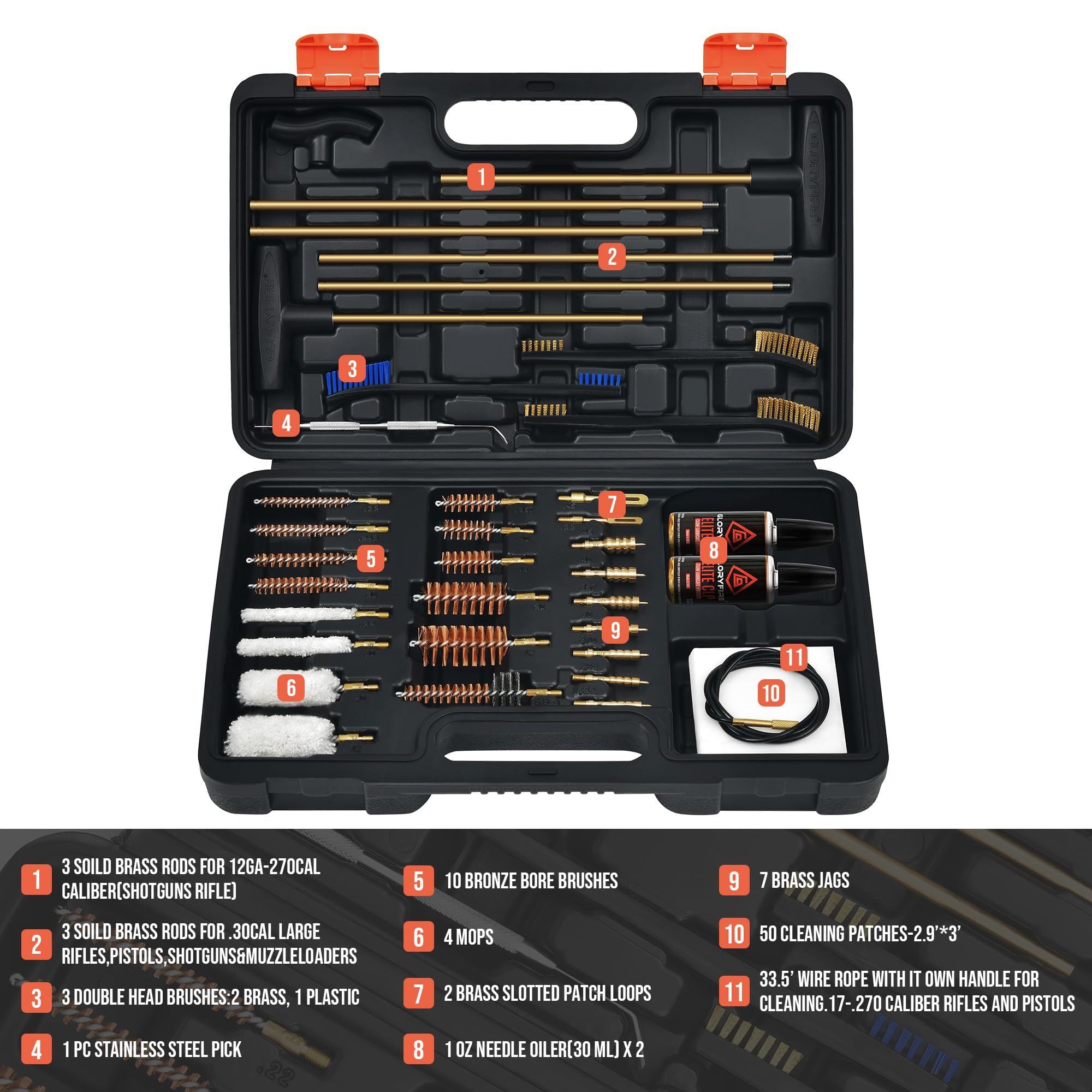 GLORYFIRE Elite Gun Cleaning Kit for Handgun Shotgun Rifle Cleaning Kit for All Guns with Reinforced and Lengthened Rods, Cotton Mop, High-end Double Head Brushes, Bronze Brushes with Steel Wire