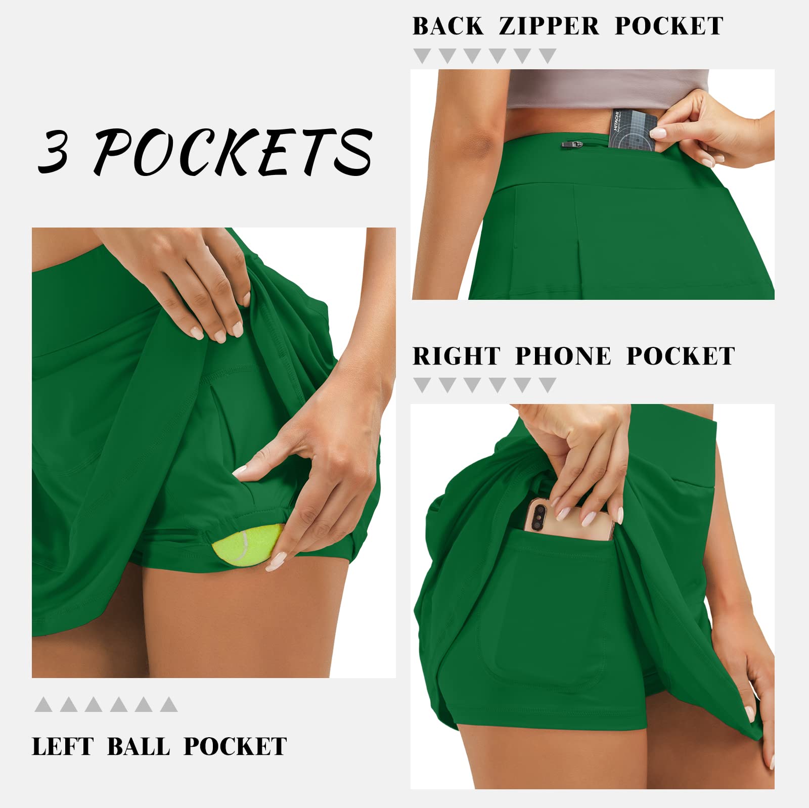 Fengbay Pleated Tennis Skirts for Women with Pockets Golf Skirt for Running Workout Athletic Shorts A-green