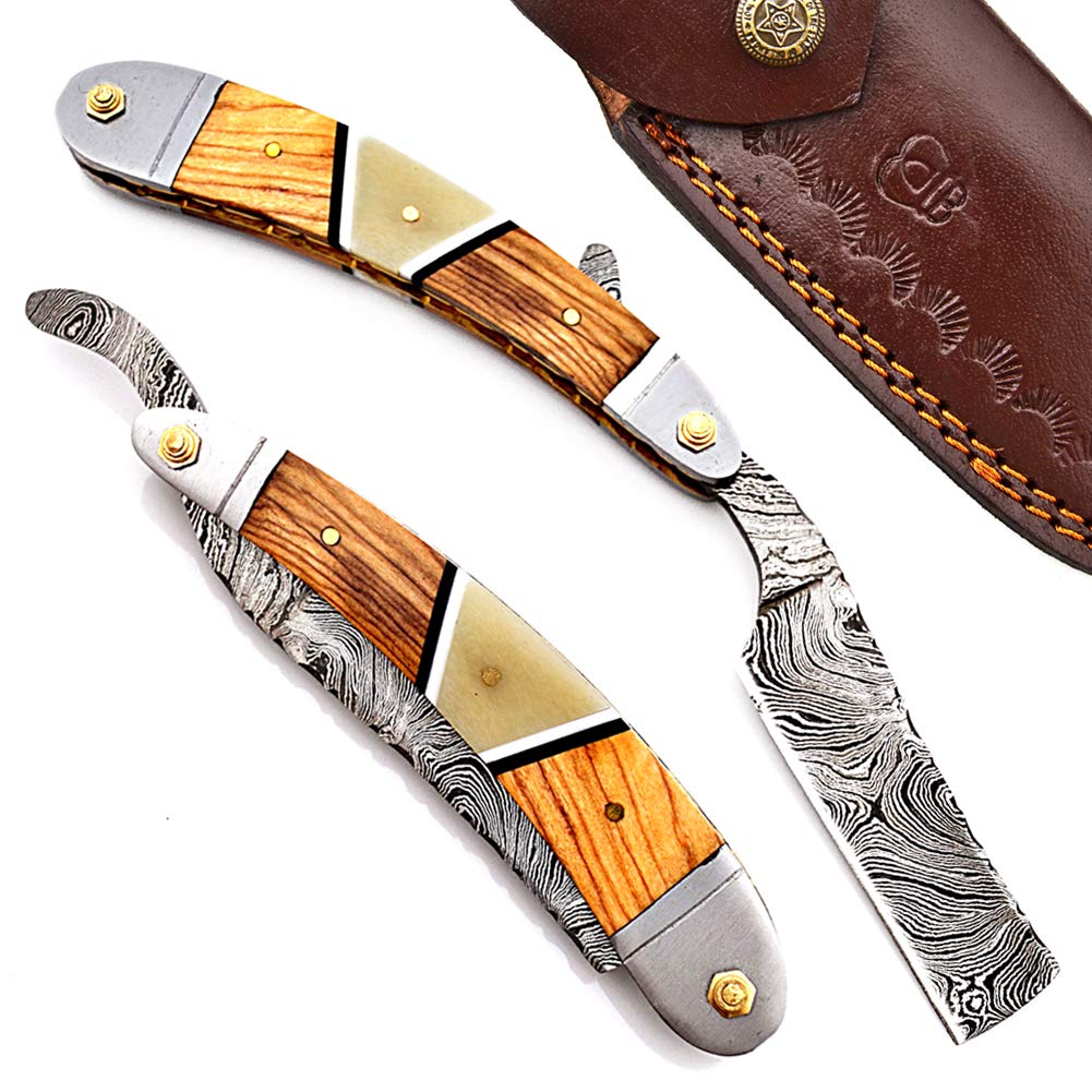 Hand Made Damascus Steel Straight Razor Folding Razor With Shaving Ready Classic Barber Blade Edge, Men Straight Razor, Leather Case + Strop, Close Shave, Great Gift R-52