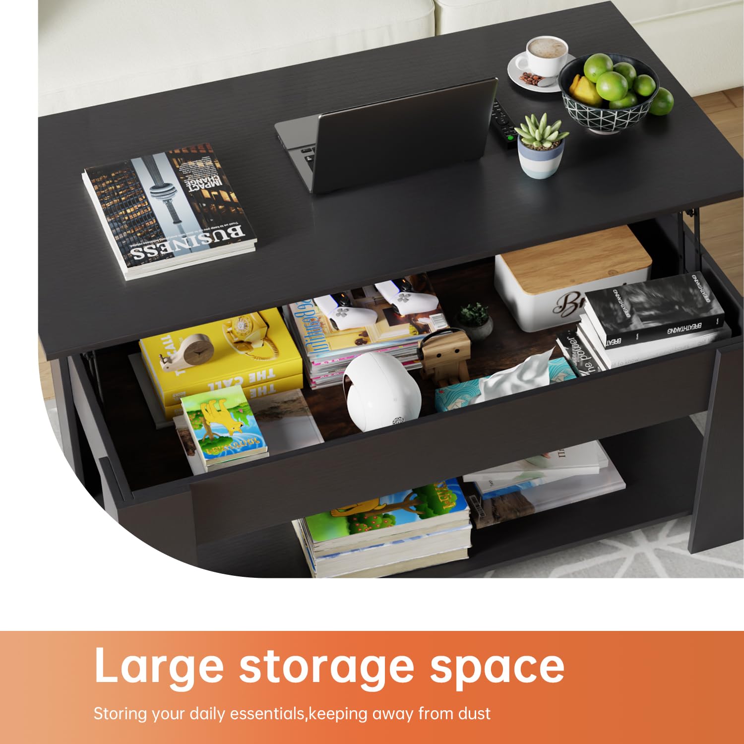 FDW Coffee Table Lift Top Coffee Table Coffee Table with Hidden Compartment and Storage Shelf for Living Room Reception Room 47.2in L,Black