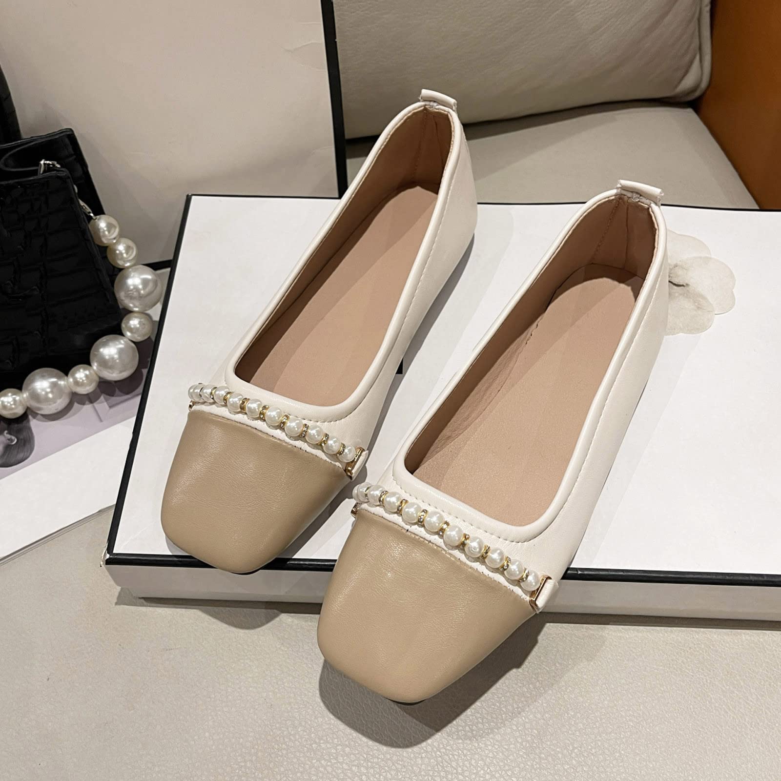 Leisure Women's Four Seasons Low Heeled Non Slip Square Toe Pearl Decoration Breathable Casual Shoes for Men Comfortable