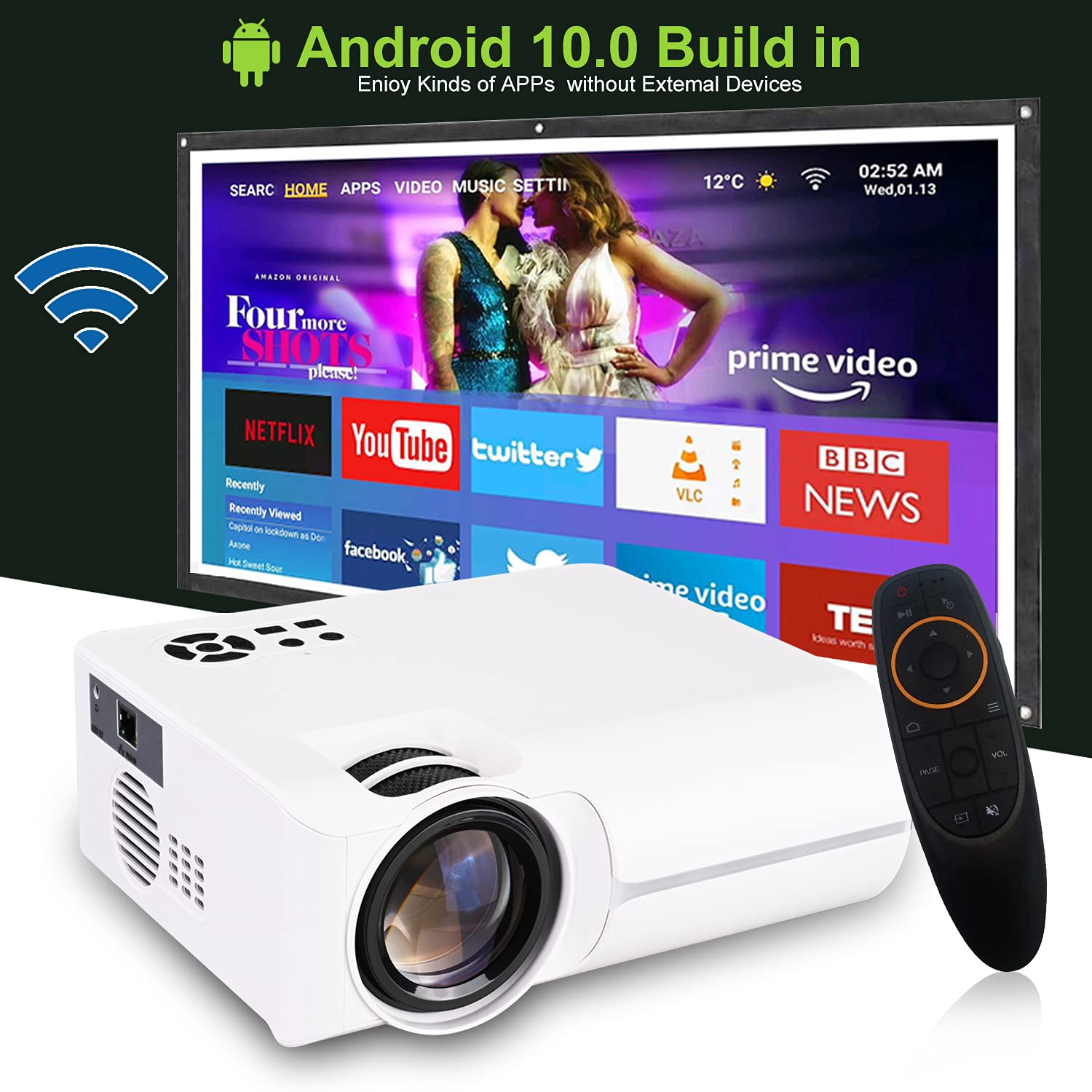 Famishow Smart Projector Android TV 10.0 Built in- 5G WiFi Mini projector with Bluetooth, 8500 Lumens 4K and 250” Display Supported Portable Video Projector for Home Cinema & Outdoor Movie Theater