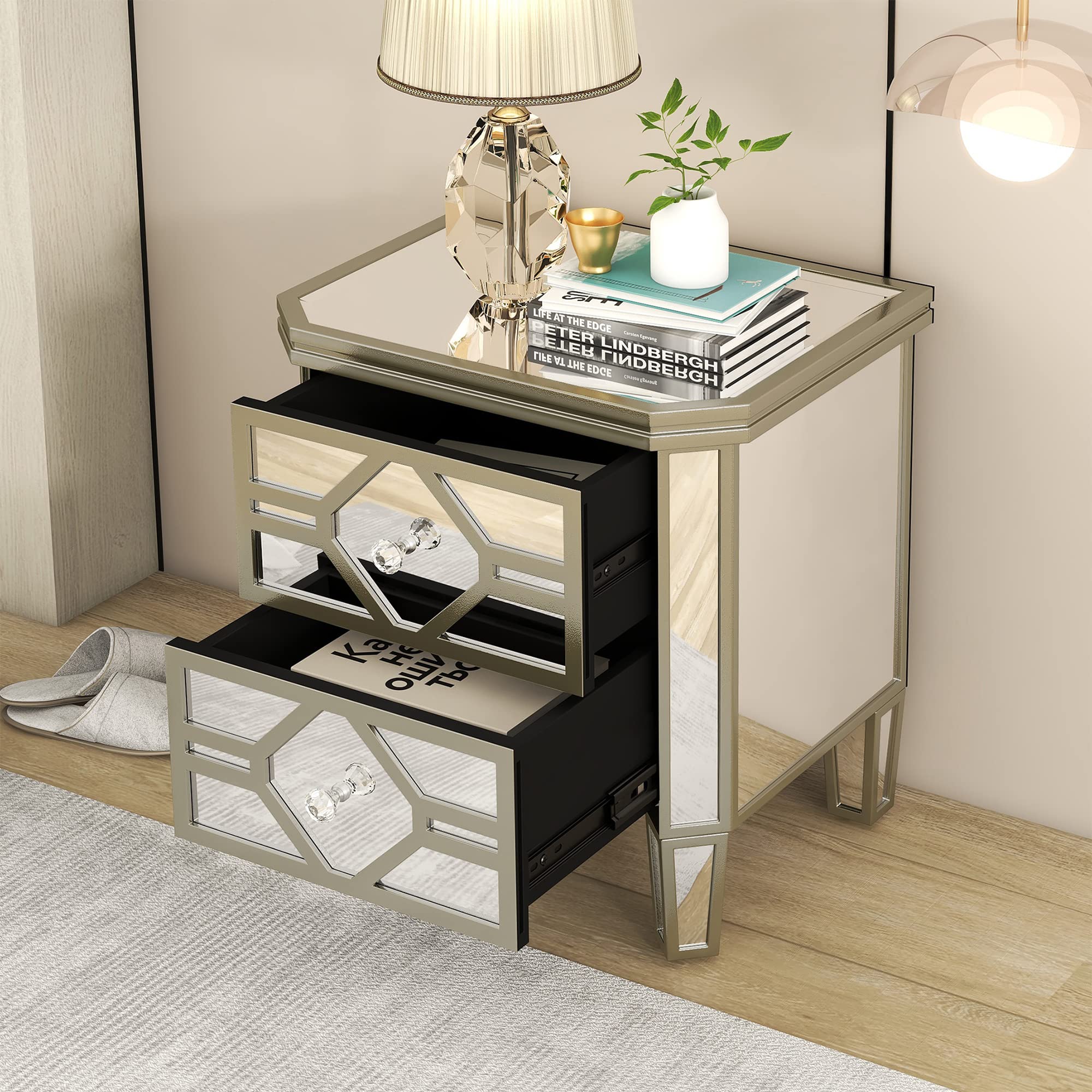 FOURBF Elegant Mirrored 2-Drawer Nightstand with Golden Lines, Side Table for Living Room, Hallway, Entryway