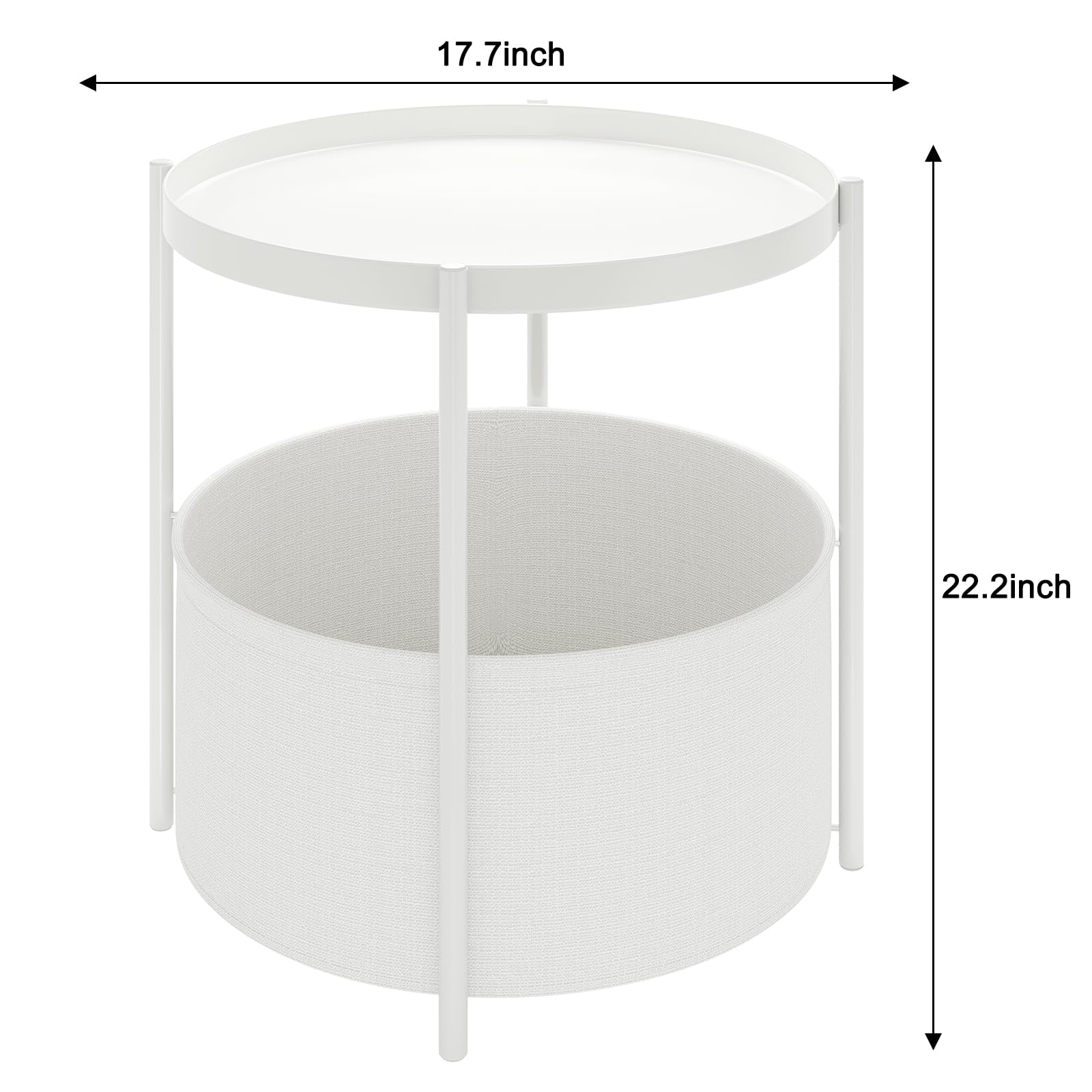 Fixwal Round Side Table with Fabric Storage Basket, Metal Small Bedside Table Nightstand with Removable Tray for Living Room, Bedroom, Nursery, Laundry, White