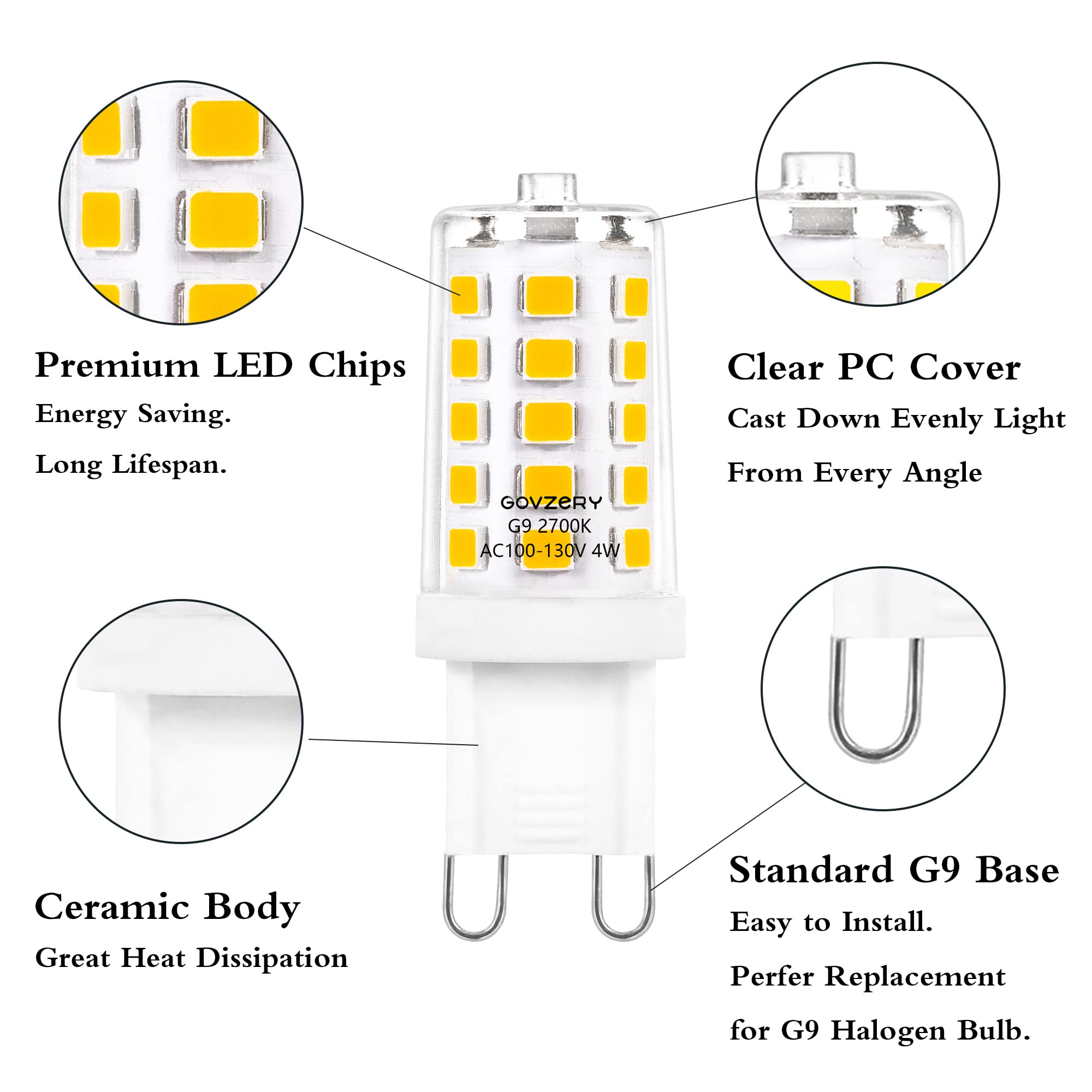 GOVZERY G9 LED Light Bulb Dimmable 2700K Warm White G9 Ceramic Lamp Bulb 4W Equivalent to 40W Halogen Bulb,AC120V(AC100-130V) 450 Lumens No-Flicker,for G9 Base Chandelier Bulbs Replacement,Pack of 12