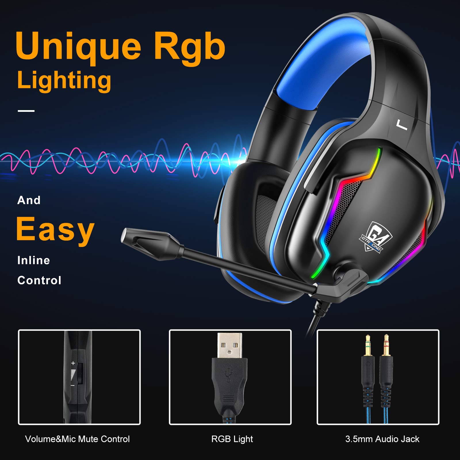 GTRACING Gaming Headset for PC - Computer Headphones with Surround Sound Stereo Noise Canceling Mic/Microphone RGB Light - Gaming Headphones for Nintendo Switch, PS4, Console Laptop,Blue