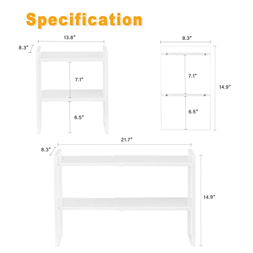 ZEKBEAN 2 Tier Expandable Cabinet Shelf Organizer Over the Sink Storage Rack Adjustable Countertop for Kitchen Bathroom Pantry Spice Cupboard Dish Cup Bottle Pot Metal Plate Heavy Duty Nonslip(White)