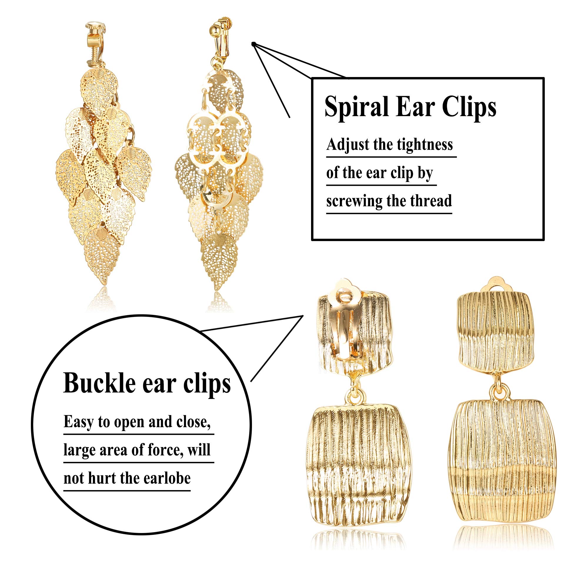 FINREZIO 4-6 Pairs Clip On Drop Earrings Set Leaf Round Trapezoid Square Rectangle Golden Metal Geometric Clipon Earrings-Non Piercing Dangle Earrings