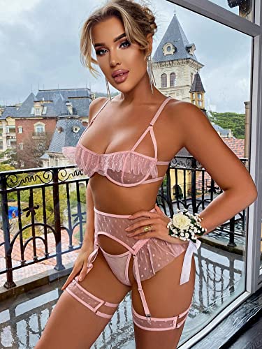 SOLY HUX Women's Valentines Sexy Mesh Lingerie Set Lace Teddy Strap Babydoll Bodysuit with Garter Belts Pure Pink M