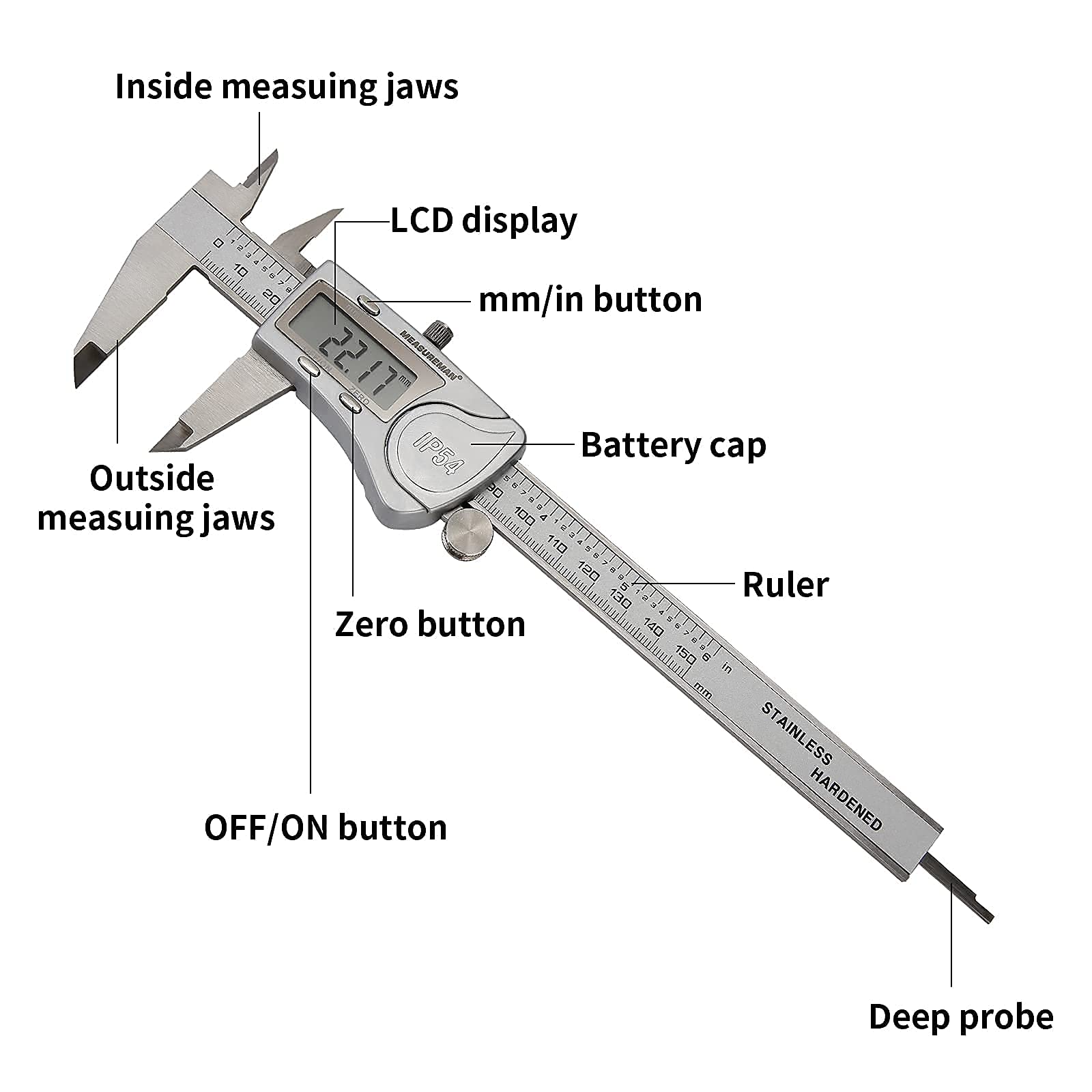 MEASUREMAN Electronic Digital Caliper Micrometer Measuring Tool Stainless Steel Vernier,IP54 Waterproof Protection Design,0-6 Inch/0-150 mm