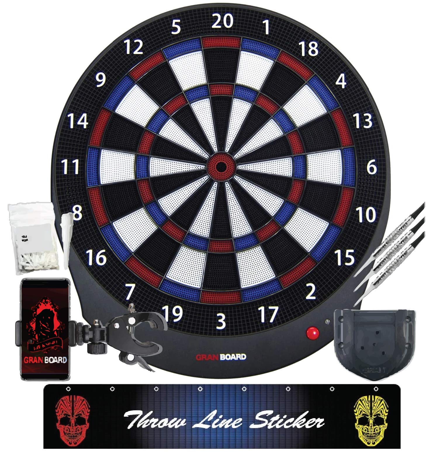 GRAN BOARD Dash Blue Online Bluetooth Smart Dartboard for Adults & Game Room Package c/w -Bracket, Throw line Sticker, Smartphone Holder, Extra tip 50pcs, Fcx Dart & std Gran Dartboard Accessory